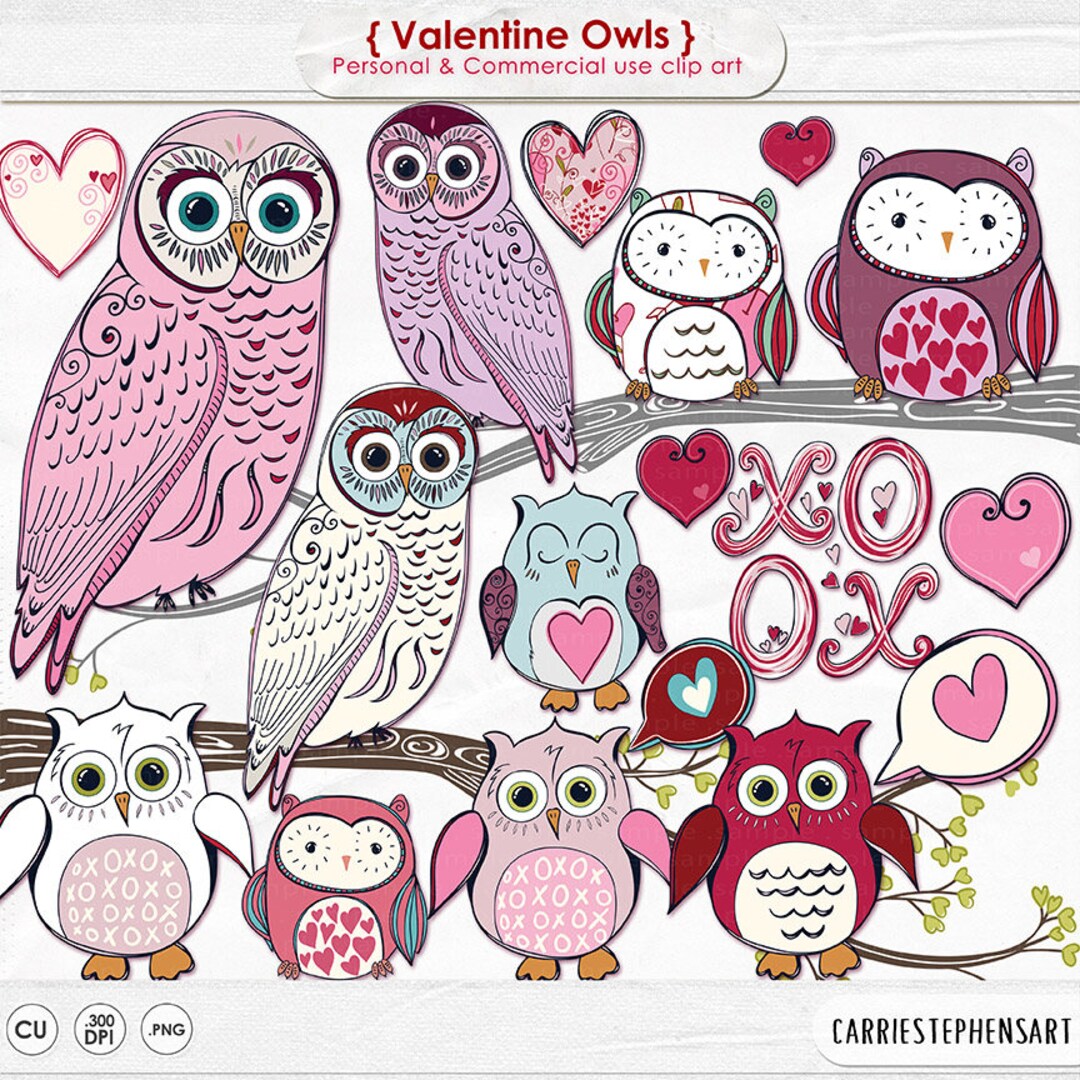 Pink & Purple Valentine Owl Clipart, Cute Owl Digital Graphics, Girls ...