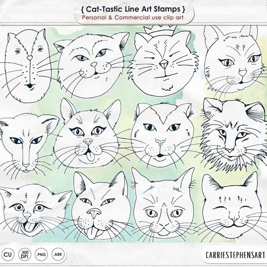 Cat Faces Line Art, Printable Cat Digital Stamps, Kitty Clipart, Kitten ...
