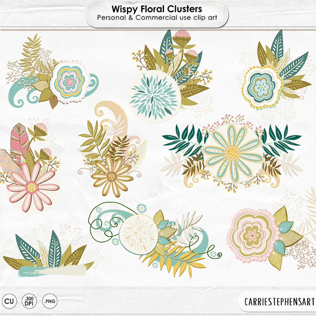 Wispy Floral Clip Art, Foliage & Flower Clusters, Flower Clipart ...
