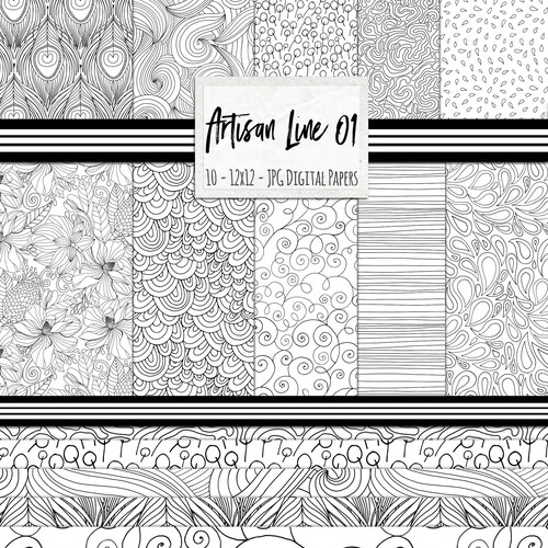 Line Art Patterns Black and White Digital Paper Coloring - Etsy