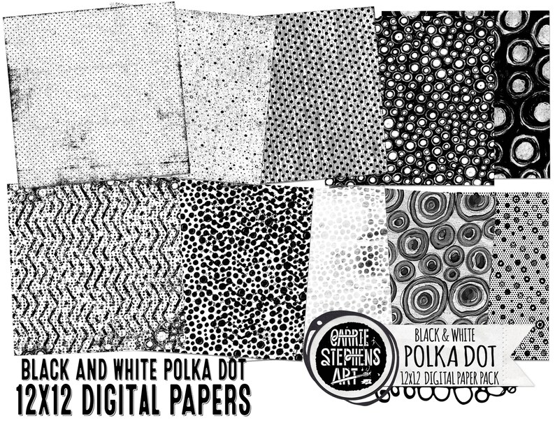 Black & White Polka Dot Digital Paper Pack 12x12 Backgrounds | Etsy
