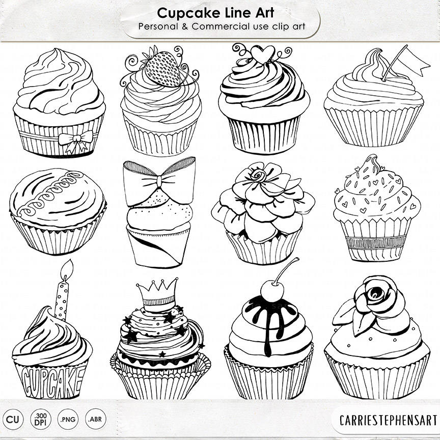 Cute Cupcake Line Art, Cup Cake Digital Stamp, Birthday Clipart Black ...