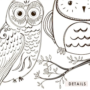 Owl Digital Stamp Outline, Cute Woodland Owl Line Art, PNG Doodle ...