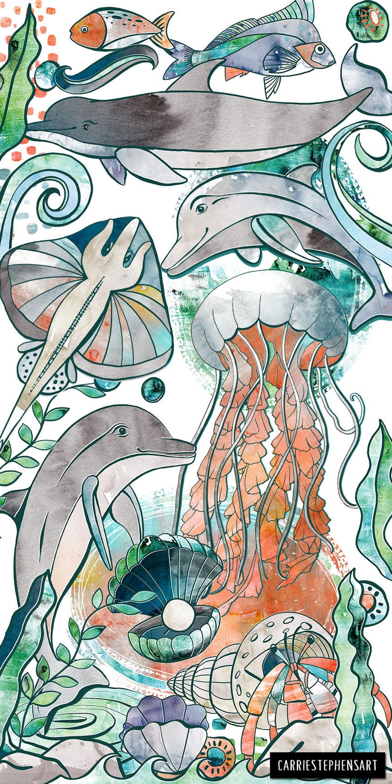 Watercolor Ocean Animal Clip Art, Dolphin Watercolor Clipart, Stingray ...