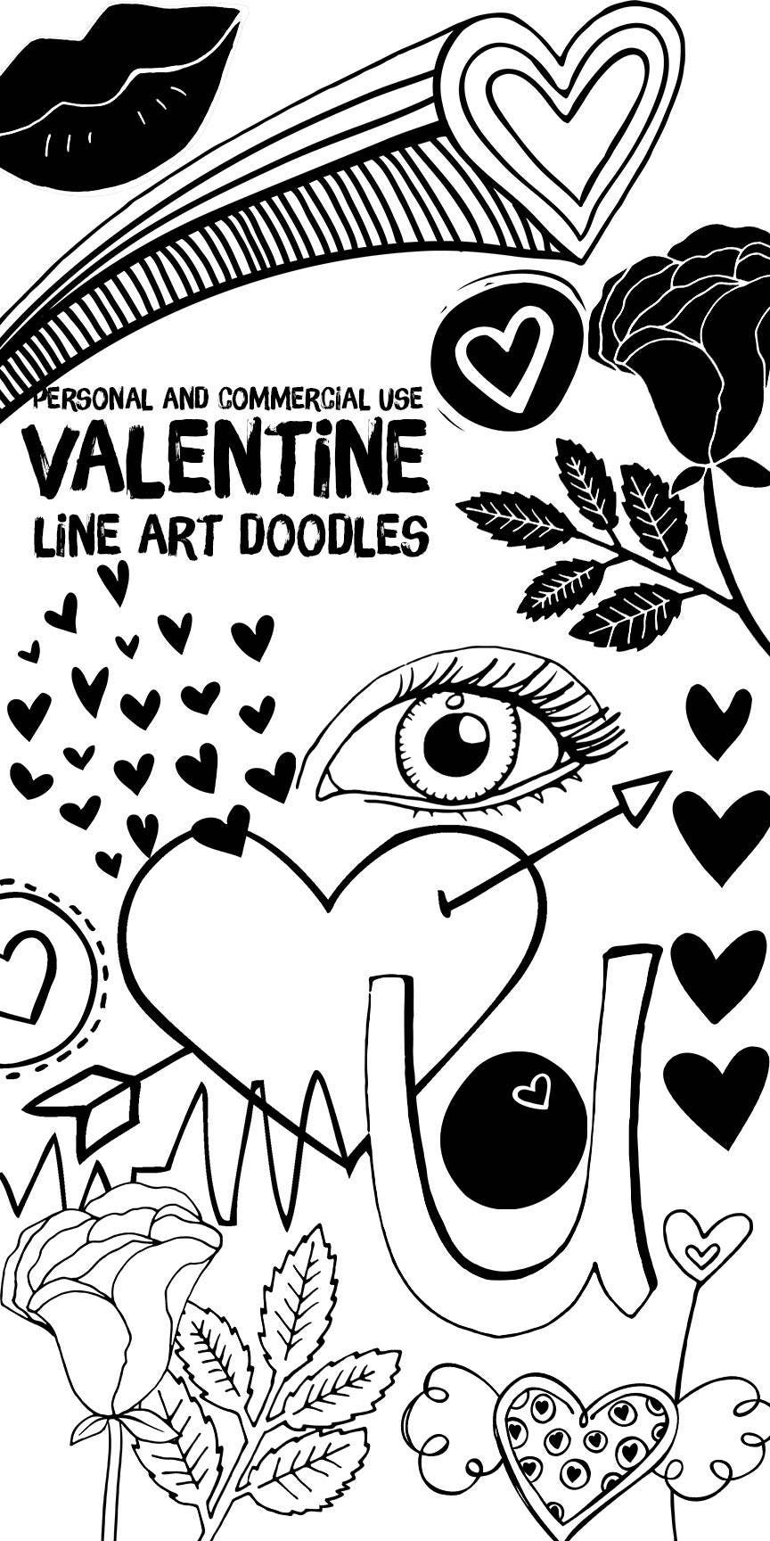 Valentine Doodle Clip Art Heart Digital Stamps Lock & Key - Etsy