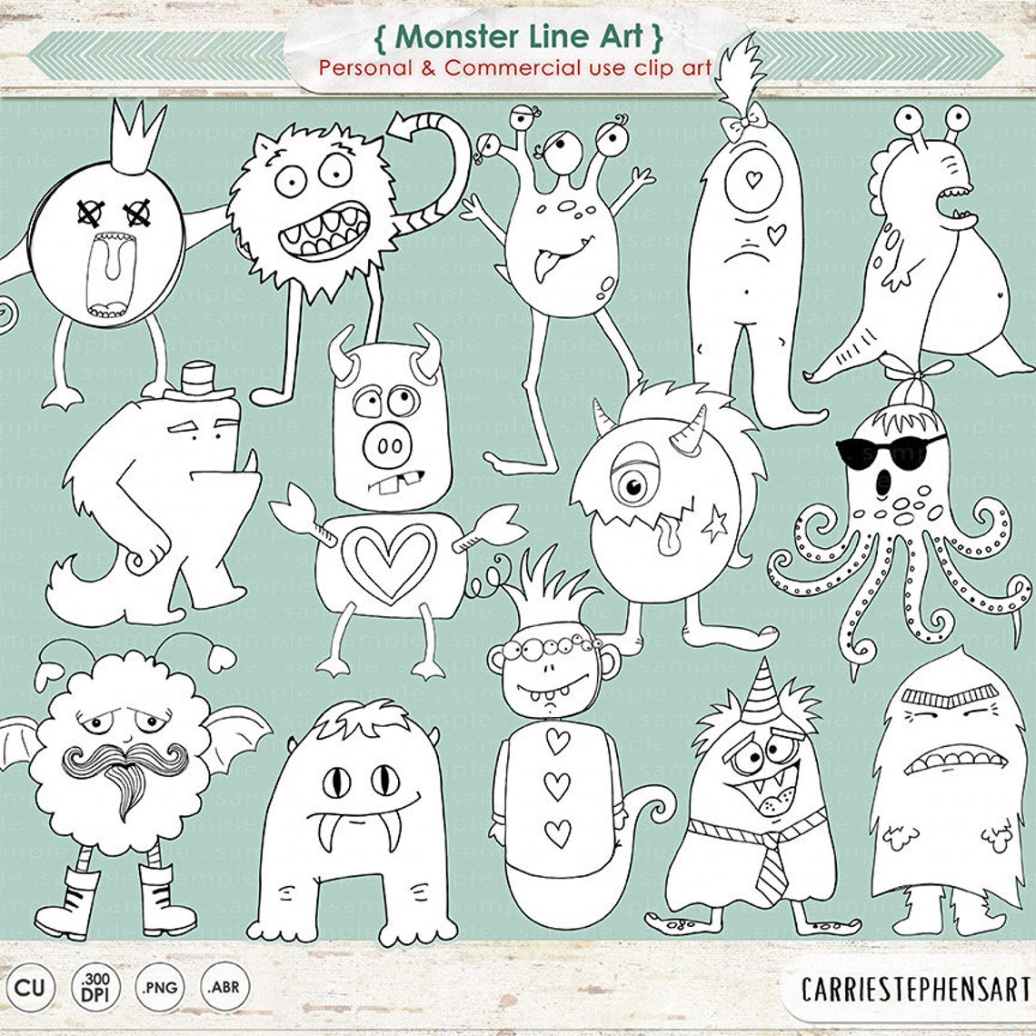 Monster Digital Stamps. PNG Black Line Art Silly Monster | Etsy
