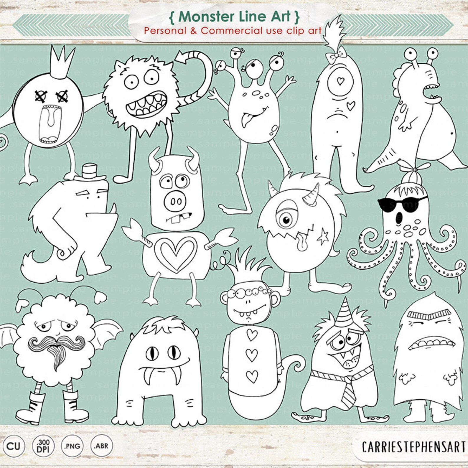 Monster Digital Stamps. PNG Black Line Art Silly Monster | Etsy