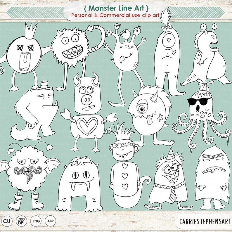 Monster Digital Stamps. PNG Black Line Art, Silly Monster Doodles ...