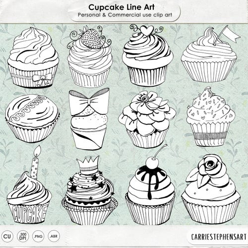 Cute Cupcake Line Art Cup Cake Digital Stamp Birthday - Etsy