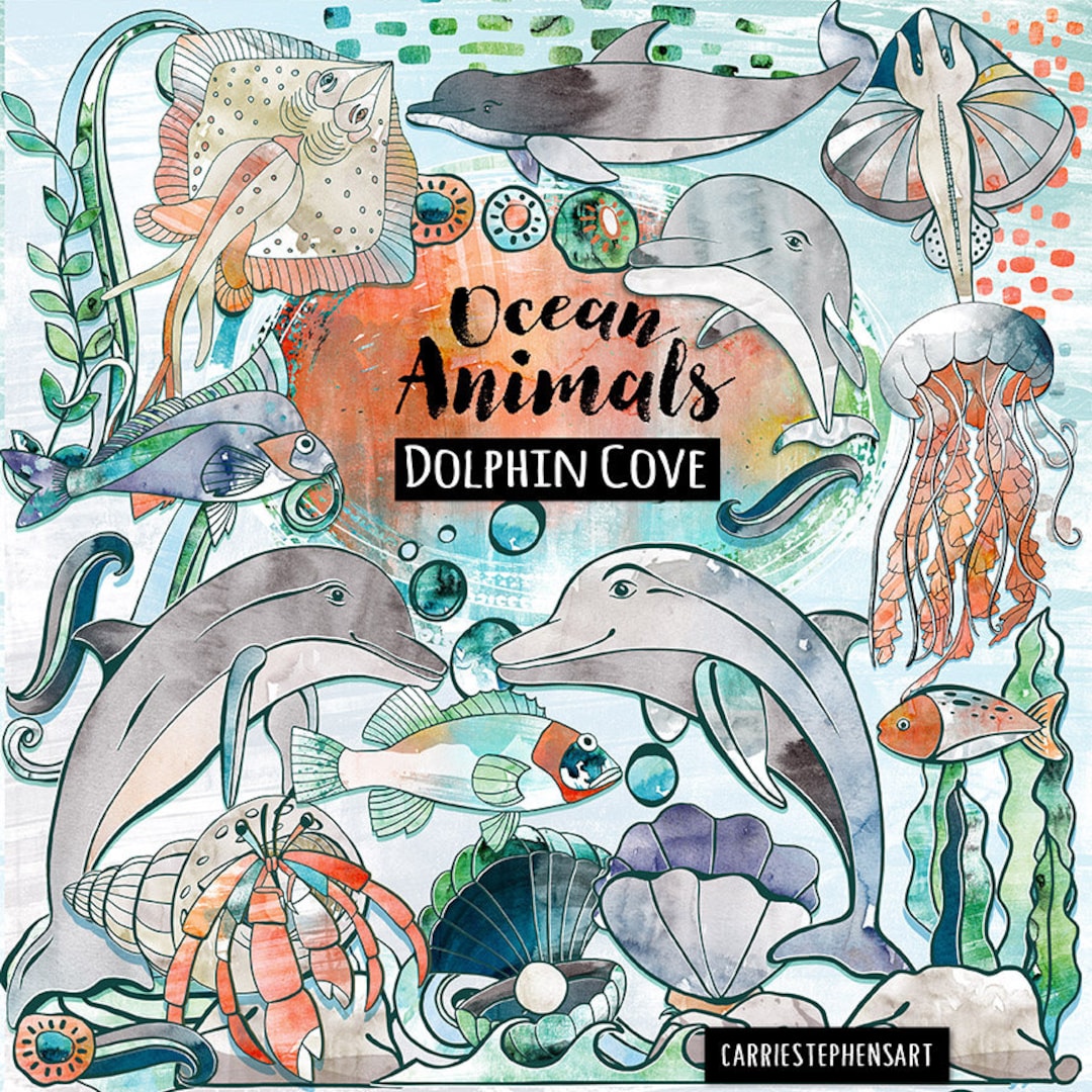 Watercolor Ocean Animal Clip Art, Dolphin Watercolor Clipart, Stingray ...