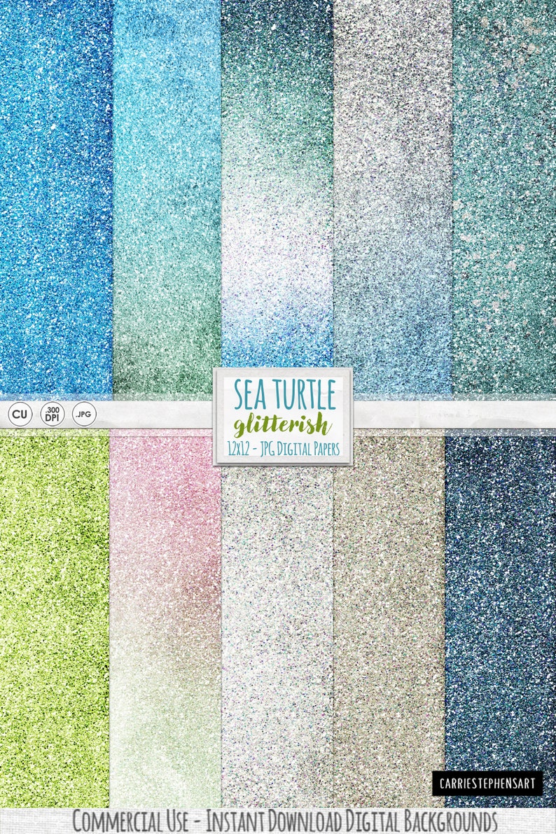 Sea Turtle Glitter Digital Paper Teal Blue & Green Water - Etsy