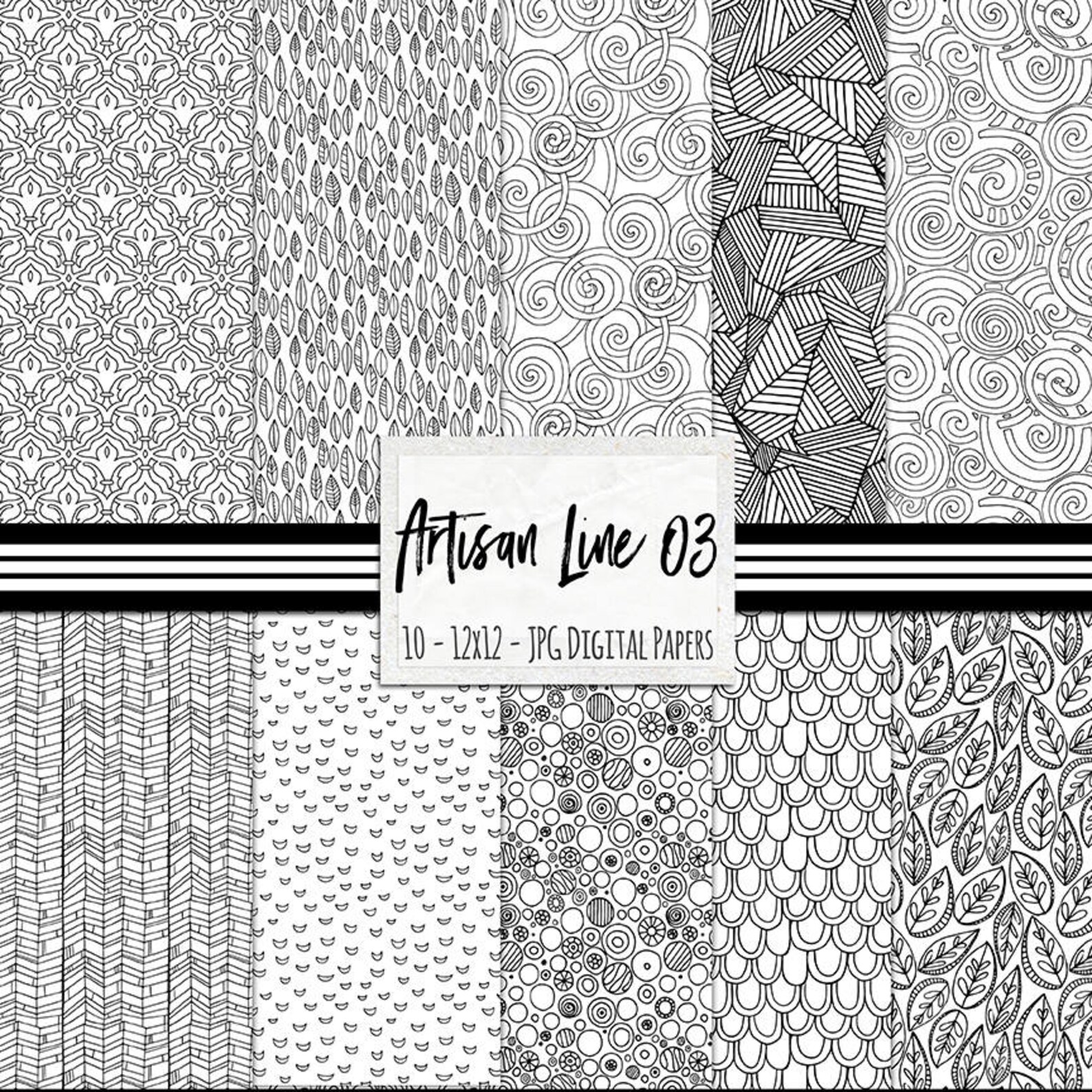 Modern Geometric Digital Paper Black & White Line Doodle | Etsy