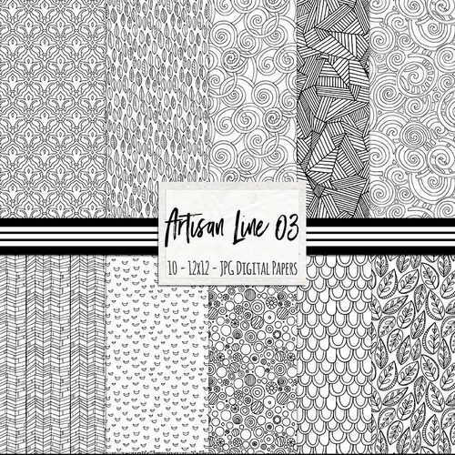 Black and White Pattern Digital Paper Hand Drawn Line | Etsy