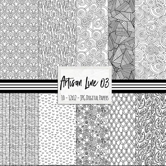 Modern Geometric Digital Paper, Black & White Line Doodle Pattern, Dots ...