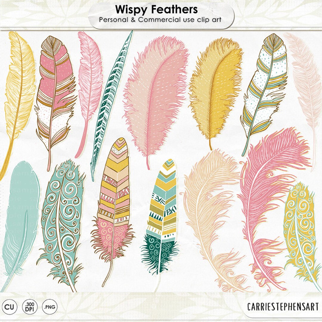 Boho Feather Clipart, Hand-drawn PNG Download Printables for Wall Art ...
