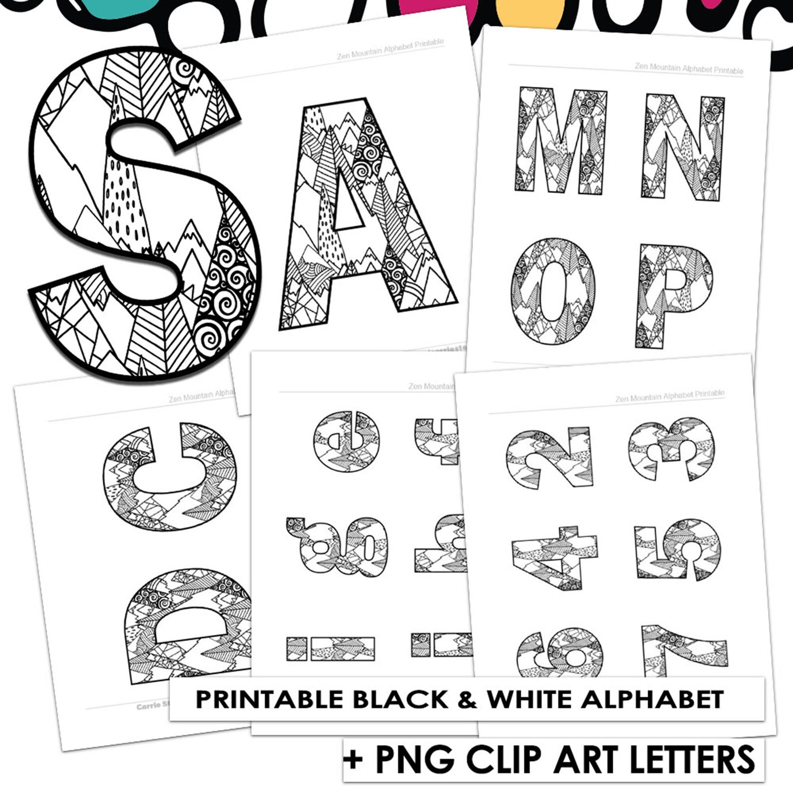 Alphabet Clipart, PRINTABLE Bulletin Board Letters, Zen Mountain Black ...