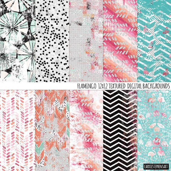 Flamingo Digital Paper Patterns, Pink, Black Shabby Chic Scrapbook ...