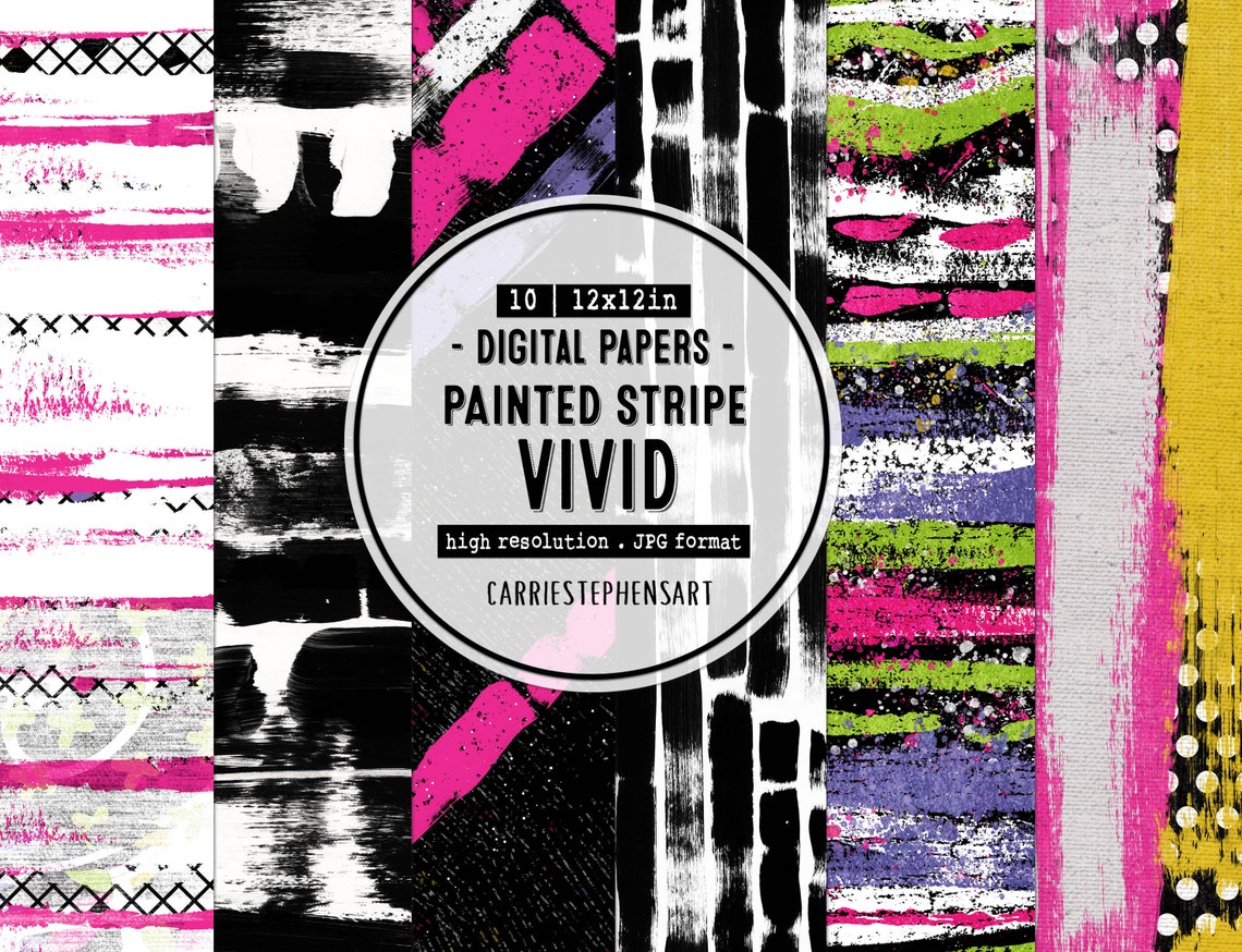 Painted Stripe Digital Paper, Vivid Basics Scrapbook Background, Funky ...