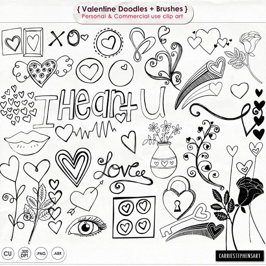 Valentine Doodle Clip Art, Heart Digital Stamps, Lock & Key, Love, Eyes ...