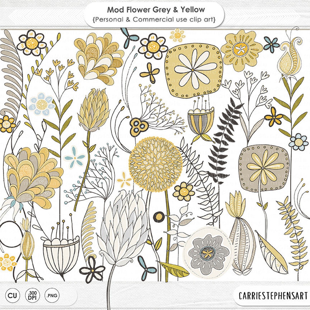 Gray & Yellow Modern Flower Clip Art, Flower Digital Clipart Download ...