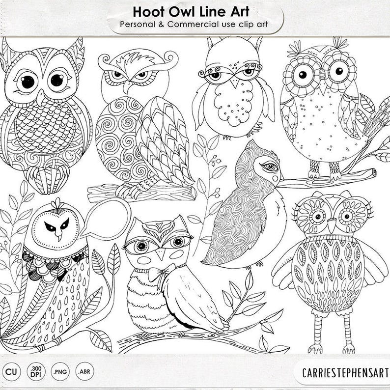 Cute Owl Doodle Clipart Black Lineart Images Hand-drawn PNG - Etsy