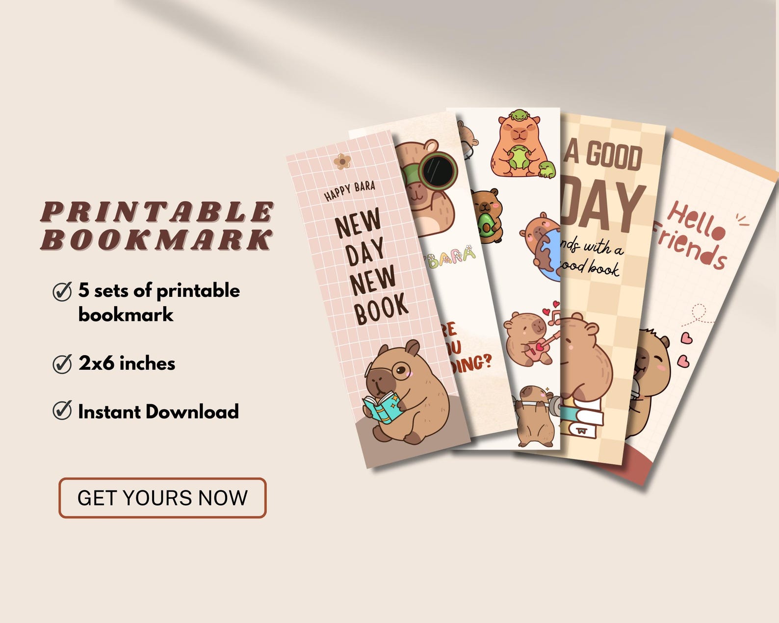 Capybara Bookmark Set of 5, Printable Relaxing Capybaras, Cute Animal ...