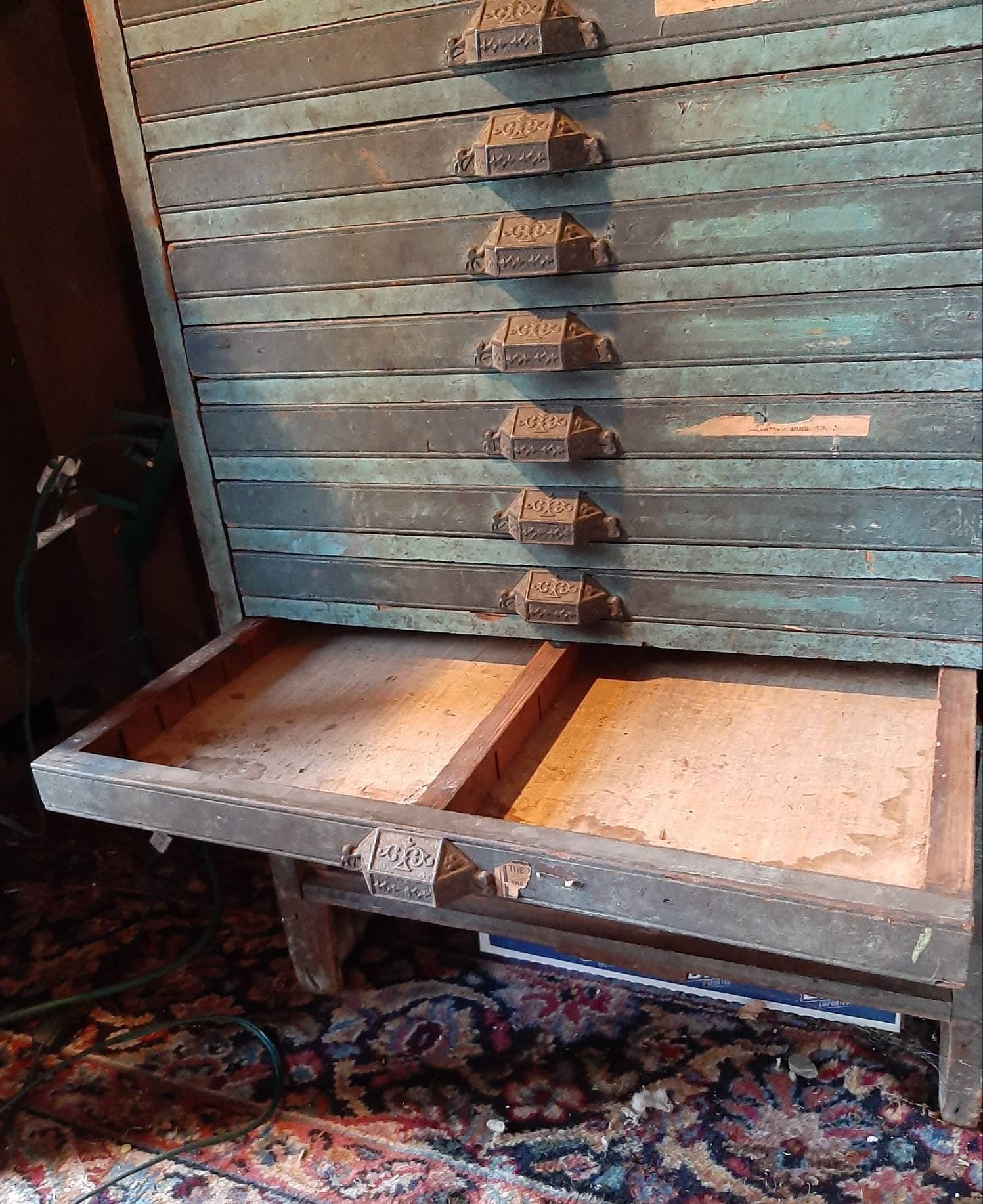 Antique Wooden Printers Cabinet Orig Blue Green Paint 17 Drawers Metal ...