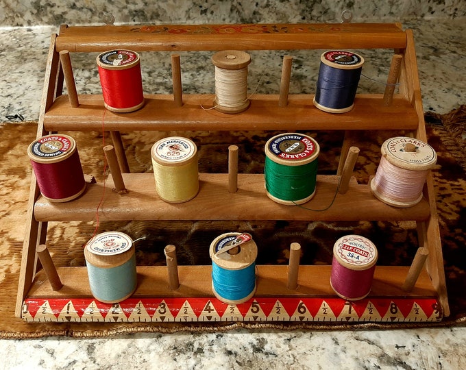 Vintage Primitive Folding Thread Spool Holder 3 Tier Measuring Ruler ...