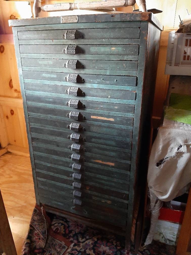 Antique Wooden Printers Cabinet Orig Blue Green Paint 17 Drawers Metal ...