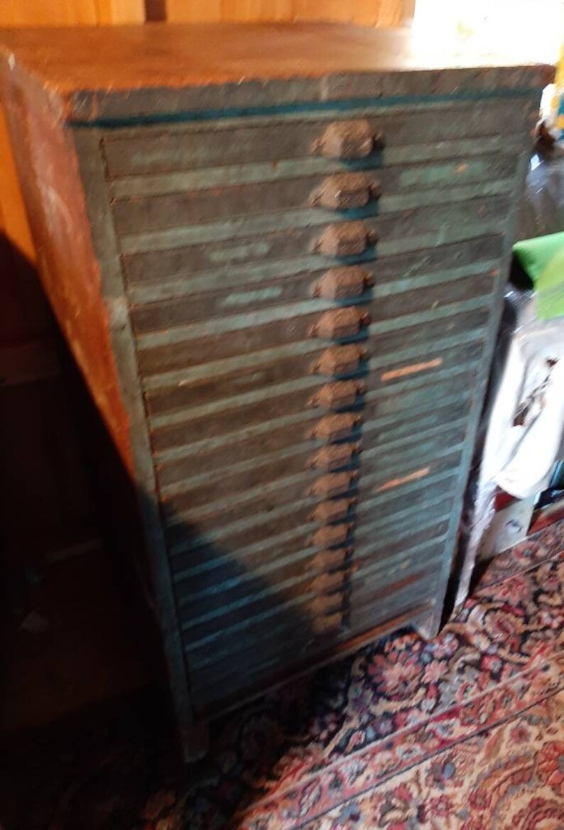 Antique Wooden Printers Cabinet Orig Blue Green Paint 17 Drawers Metal ...