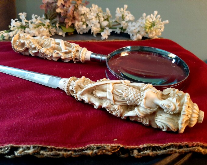 Vintage Magnifying Glass - Letter Opener Set Carved Roman Gothic ...