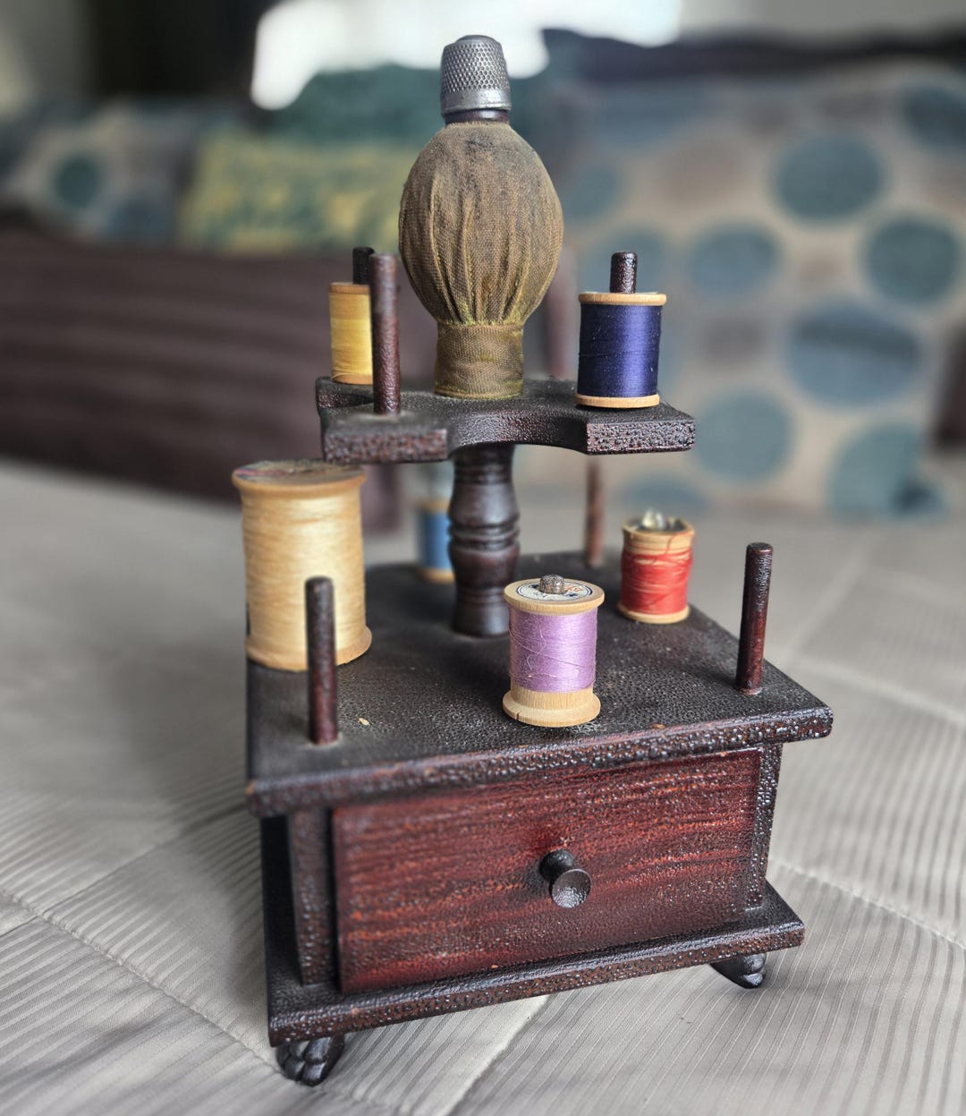 Antique Wooden Pedestal Thread Spool Holder 2 Teir Notions Drawer Orig ...