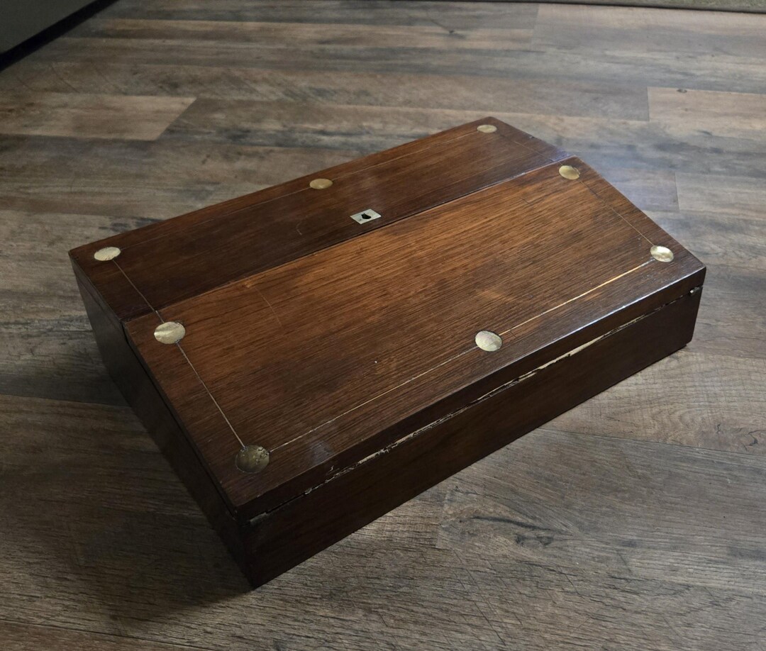 Antique Traveling Secretary Slant Top Portable Writing Wood Lap Desk ...