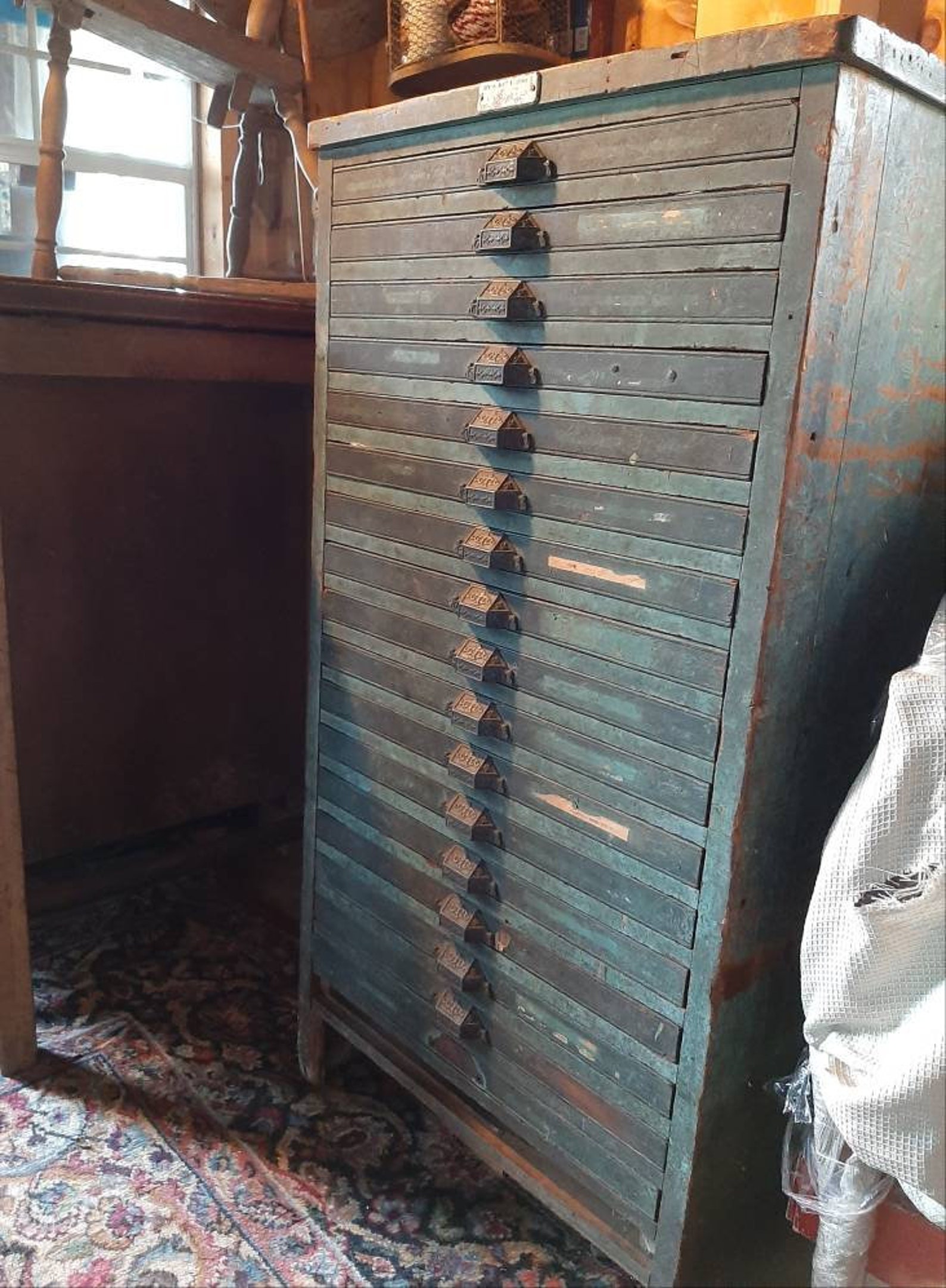 Antique Wooden Printers Cabinet Orig Blue Green Paint 17 Drawers Metal ...