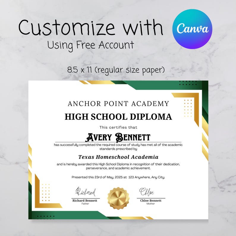 Editable Homeschool Diploma Template, High School Graduation ...