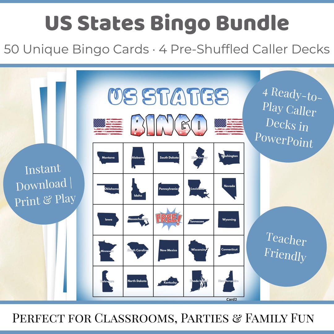 US States Bingo Game: 50 Unique Cards, Powerpoint Ready (digital ...