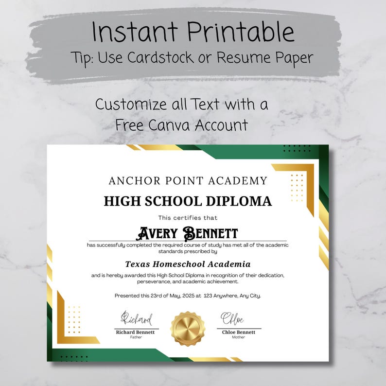 Editable Homeschool Diploma Template, High School Graduation ...