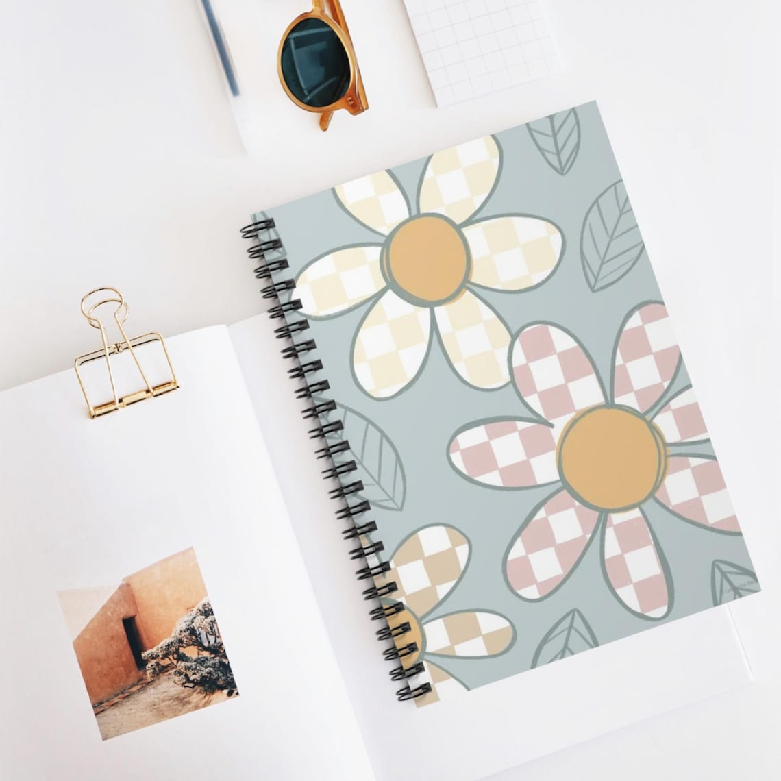 Checkered Floral Notebook - Spiral Journal, Ruled Line Paper, Cute ...