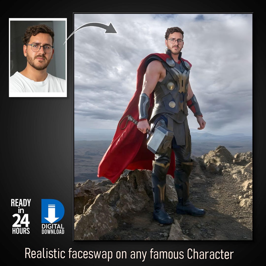 Custom Thor Portrait Face Swap, Superhero Poster Thunder God, Marvel ...
