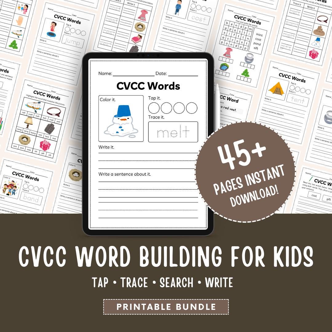 CVCC Word Workbook: Kindergarten Phonics Games & Sentence Prompts ...