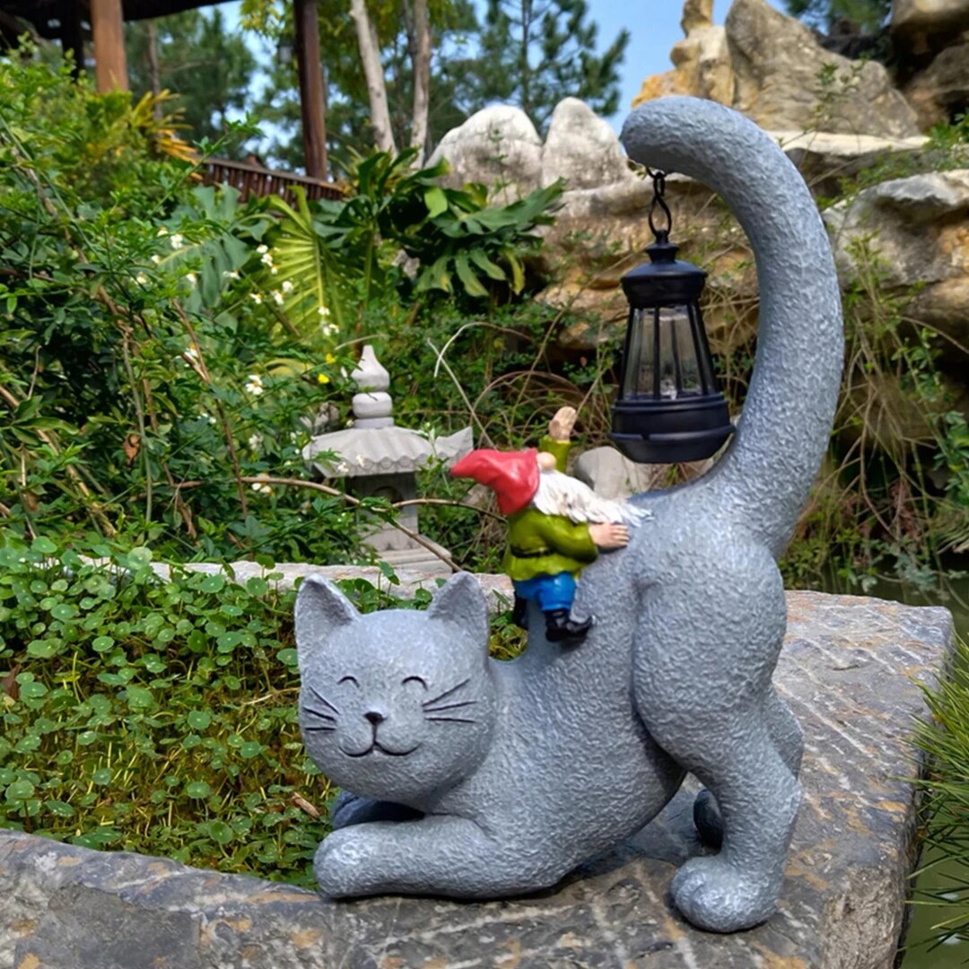 Garden Art With Solar Lantern With LED Light Solar Garden Cat Statue ...