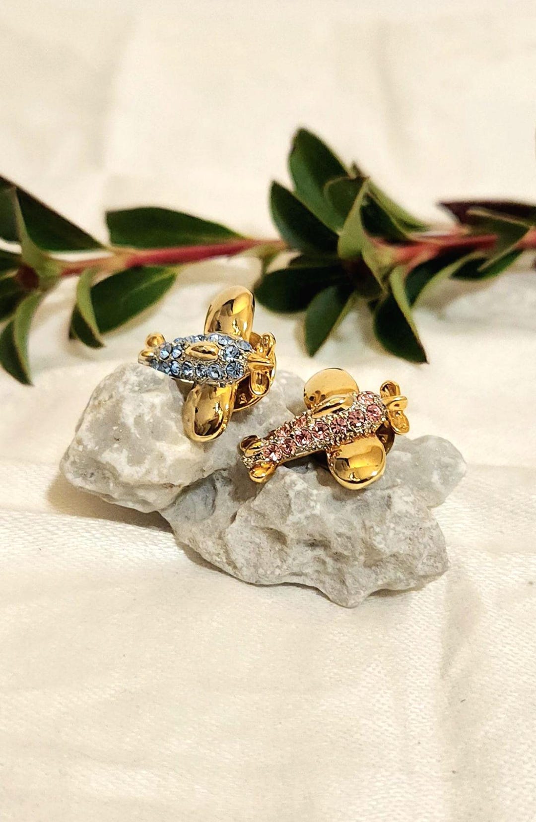 Vintage Airplane Rhinestone Lapel Pins - Gold-tone Pink & Blue Plane ...