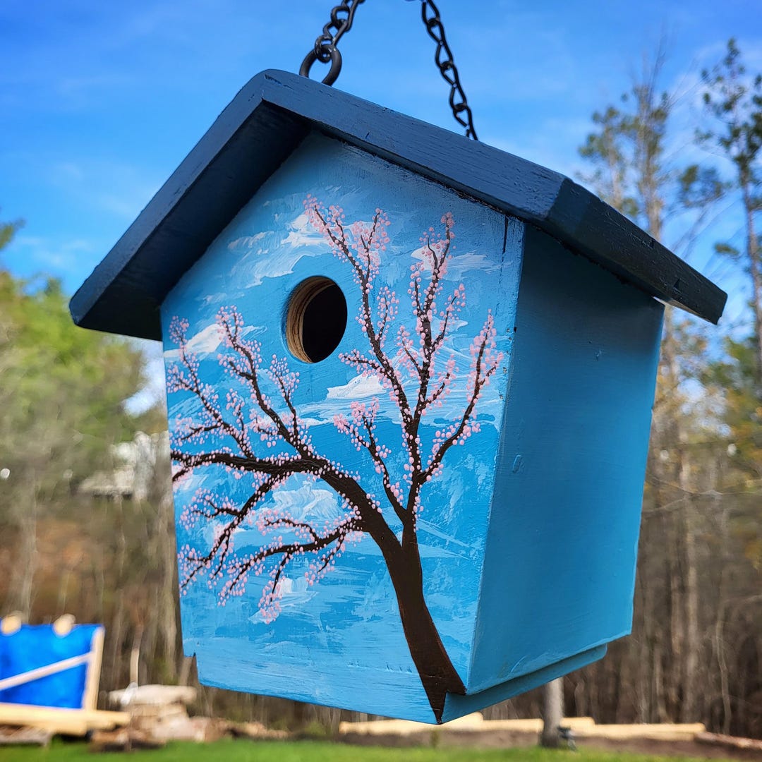 Hand-painted Sakura Birdhouse, 9x8” Cherry Blossom Art, Hanging Wren Nest, Unique Gift - Etsy