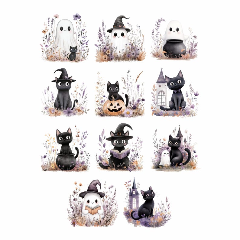 Floral Boho Halloween Ghost and Cat Clipart Bundle, Watercolor Pastel ...