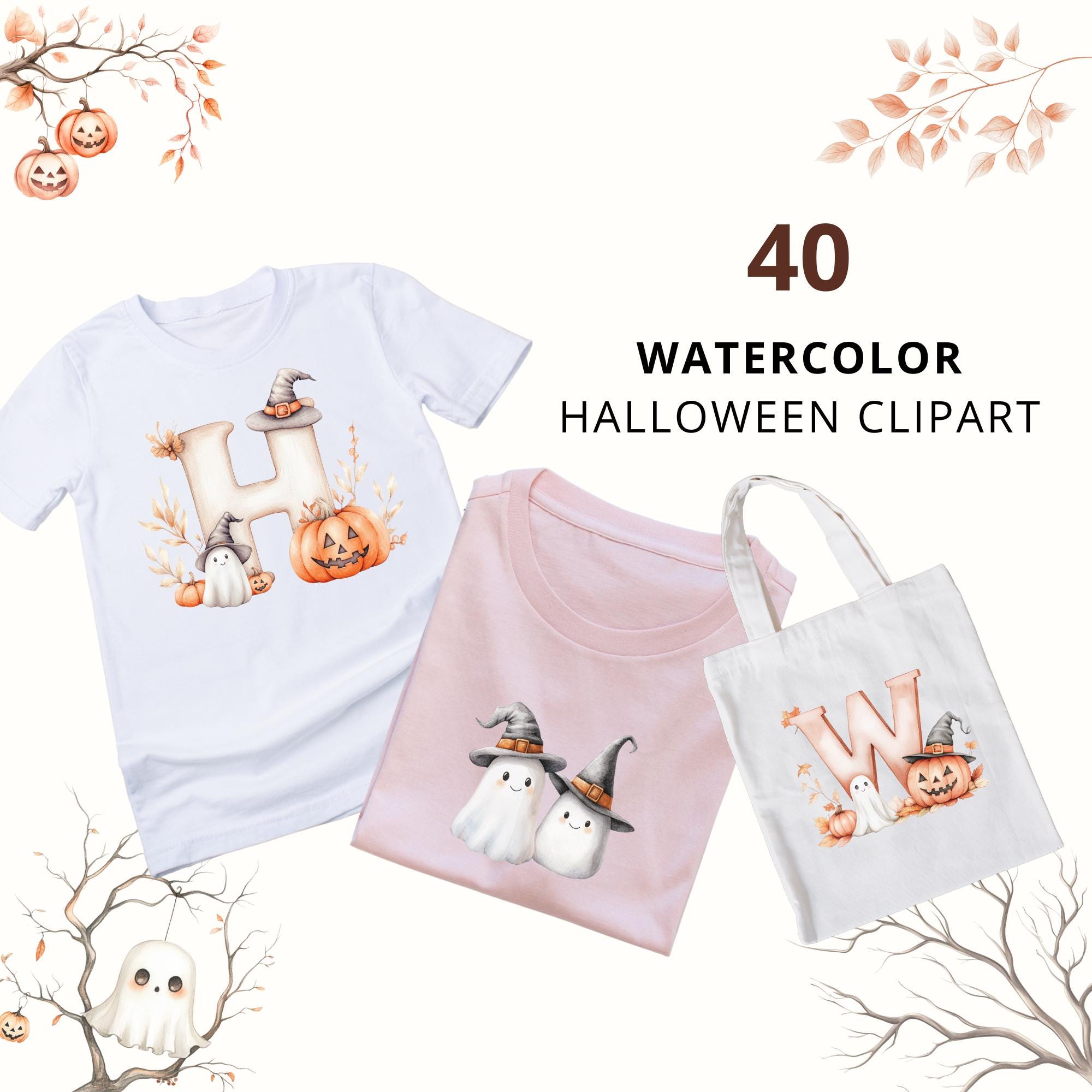 Kawaii Boho Halloween Clipart Bundle, Watercolor Halloween Letters ...