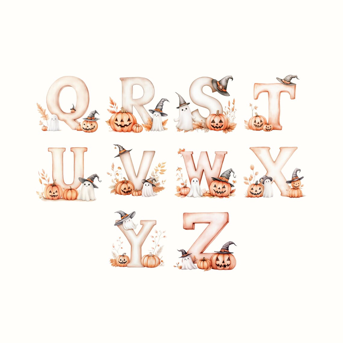 Kawaii Boho Halloween Clipart Bundle, Watercolor Halloween Letters ...