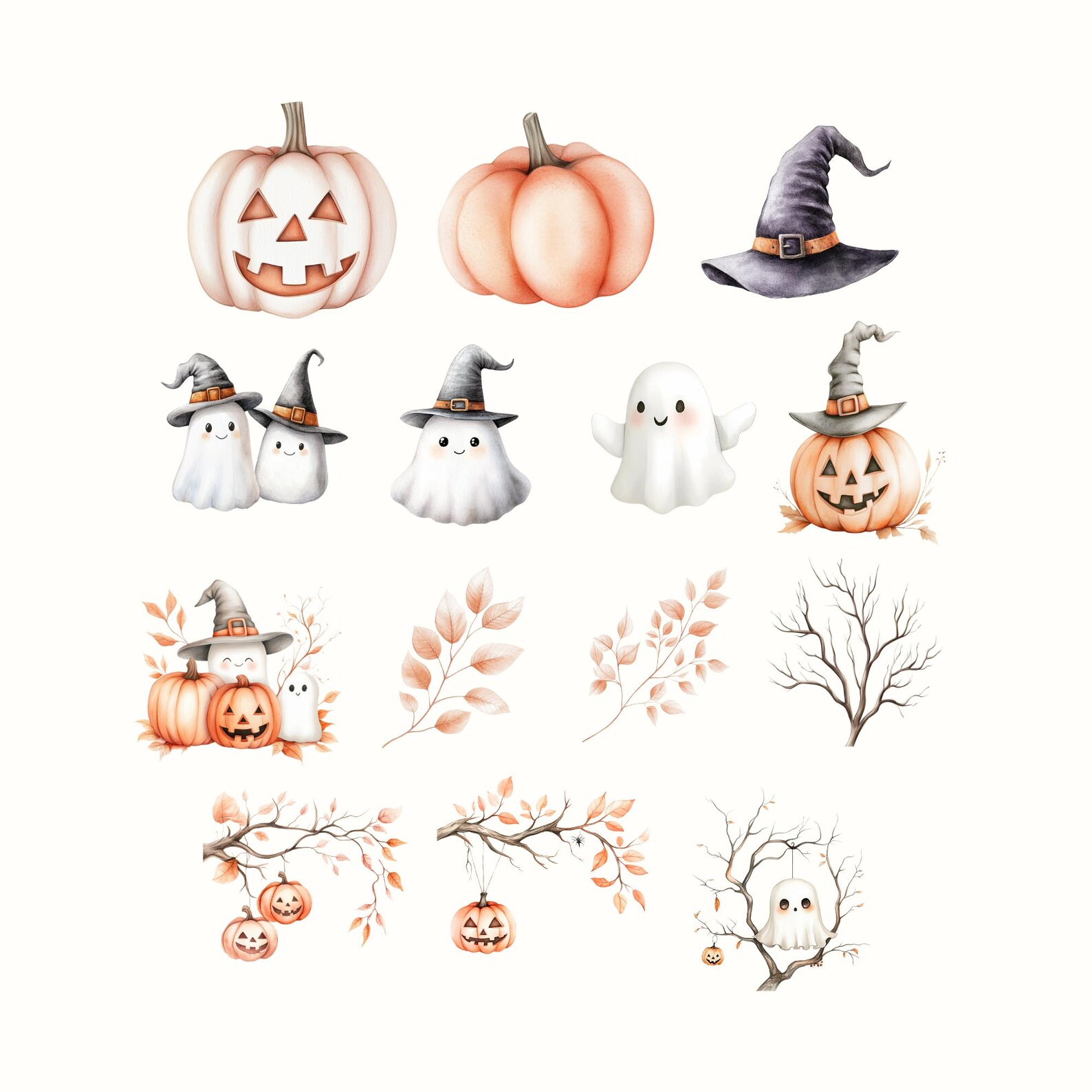 Kawaii Boho Halloween Clipart Bundle, Watercolor Halloween Letters ...