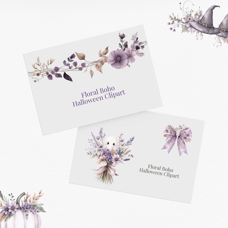 Floral Boho Halloween Ghost and Cat Clipart Bundle, Watercolor Pastel ...