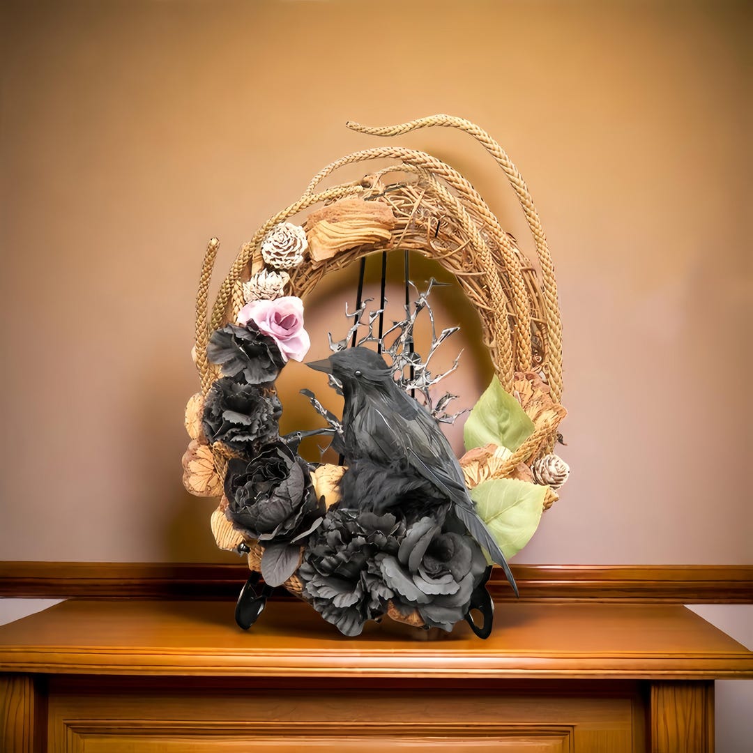 Feathered Raven Bird Wreath: Handmade Fall Decor With Gift Box & Stand ...