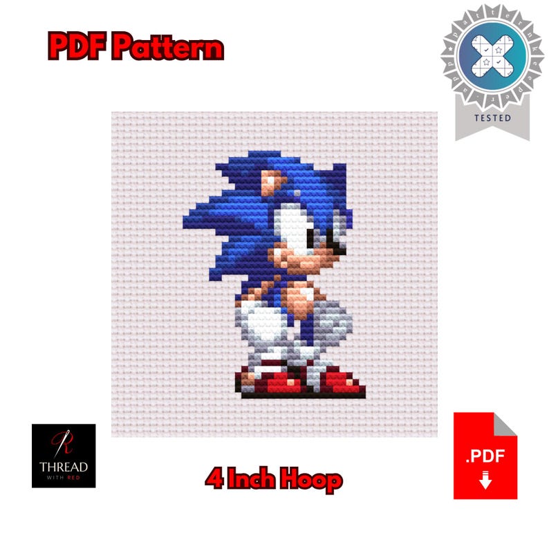 Sonic the Hedgehog Var. A | Sonic the Hedgehog Cross Stitch Pattern | Cute | Small | 4 Inch Hoop ...